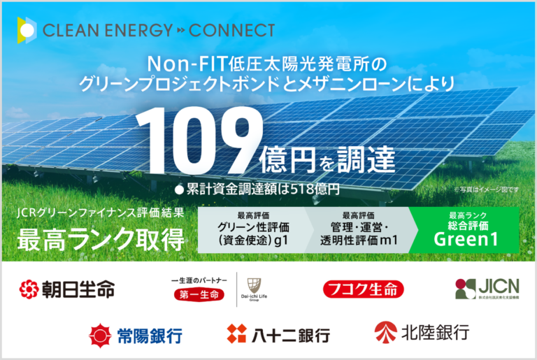 脱炭素ソリューションを手がけるクリーンエナジーコネクトが、Non-FIT低圧太陽光発電所のグリーンプロジェクトボンドとメザニンローンにより ...